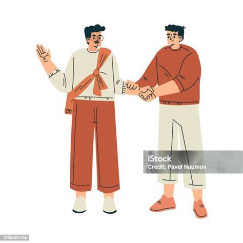 젊은 웃는 남자 문자 에서 서 있는 포즈 인사 와 악수 몸짓 와 벡터 일러스트 감정에 대한 스톡 벡터 아트 및 기타 이미지