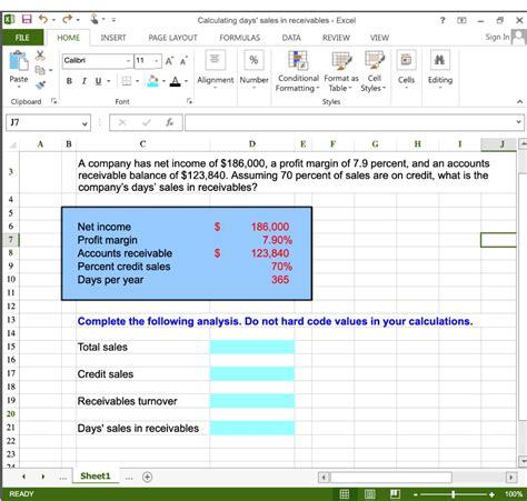 SOLVED: Calculating days' sales in receivables in Excel FILE HOME INSERT PAGE LAYOUT FORMULAS ...