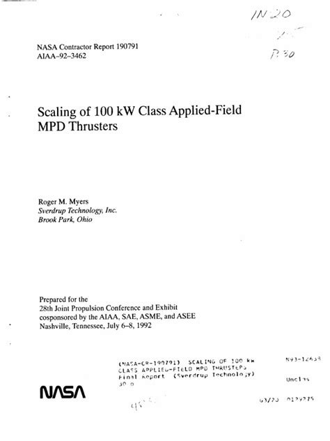 scaling of 100 kw class applied field mpd thrusters myers pdf pdf