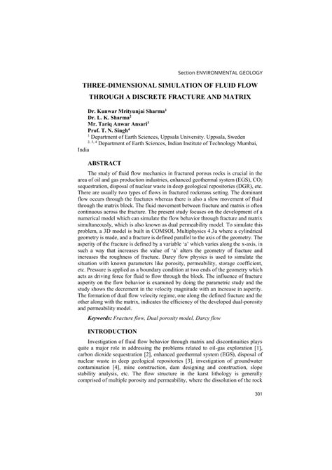 Pdf Three Dimensional Simulation Of Fluid Flow Through A Discrete Fracture And Matrix
