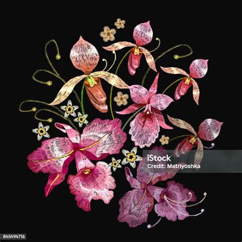 핑크 자 수 난초입니다 아름 다운 열 대 난초 꽃입니다 클래식 스타일 자 수입니다 옷 섬유 T셔츠 디자인 서식 파일 0명에 대한 스톡 벡터 아트 및 기타 이미지 Istock