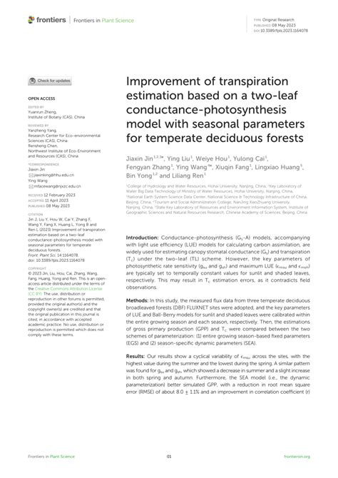 Pdf Improvement Of Transpiration Estimation Based On A Two Leaf Conductance Photosynthesis