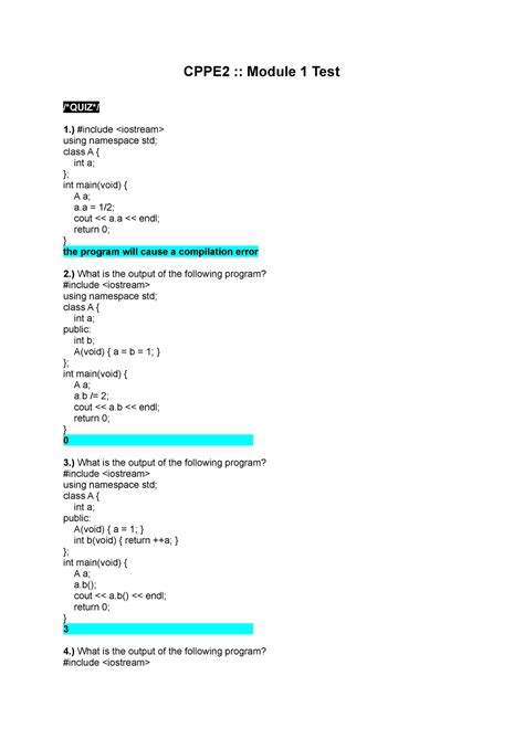 CPPE Module Test CPPE Module Test QUIZ Include Using Namespace Std Class A