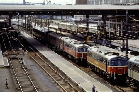 Railway Station With Trains Loading And Unloading Passengers And Cargo