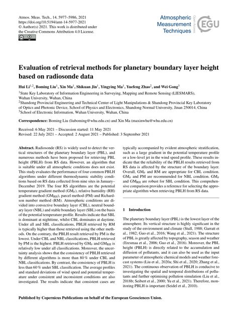 Pdf Evaluation Of Retrieval Methods For Planetary Boundary Layer Height Based On Radiosonde Data