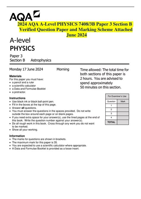 2024 Aqa A Level Physics 74083b Paper 3 Section B Verified Question Paper And Marking Scheme