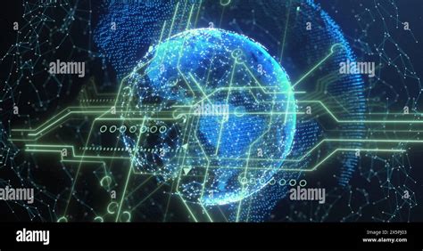 Image Of Illuminated Globes With Connected Dots And Moving Lines Stock