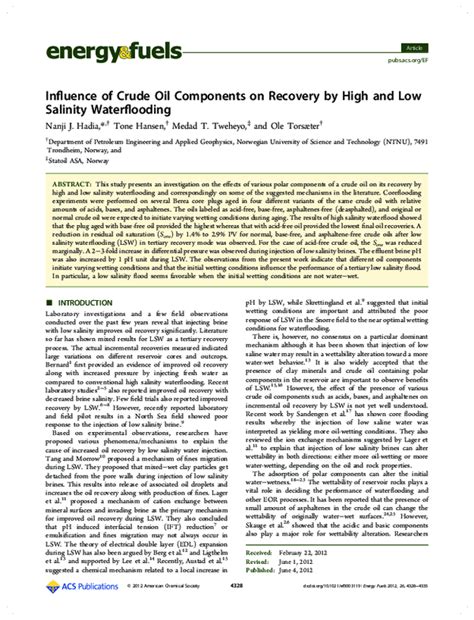 Pdf Influence Of Crude Oil Components On Recovery By High And Low Salinity Waterflooding