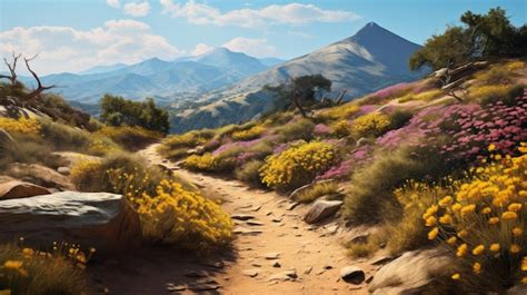 Premium AI Image Realistic And Hyperdetailed Renderings Of A Mountain Wilderness With Flowers