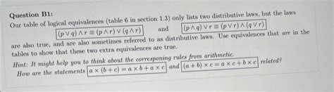 solved question b1 our table of logical equivalences table