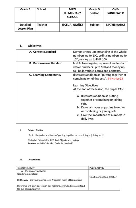 Detailed Lesson Plan In Math I Objectives A Content Standard Demonstrates Understanding Of