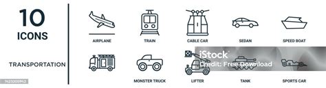 수송 윤곽선 아이콘 세트는 얇은 선 비행기 케이블카 스피드 보트 몬스터 트럭 탱크 스포츠카 보고를 위한 콘플리케이션 프레소젠테이션 도표 웹 디자인을 포함합니다 0명에 대한