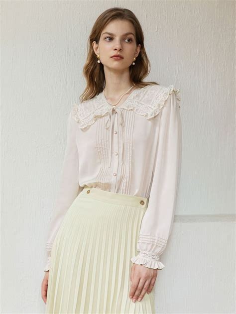 Kiara Satin Lace Doll Collar Blouse Blouse Blouse Vintage Long