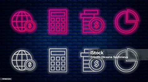설정 라인 계산기 달러 기호와 동전 돈 달러 기호와 원형 차트 인포 그래픽 지구 지구 벽돌 벽에 빛나는 네온 아이콘입니다 벡터 0명에 대한 스톡 벡터 아트 및 기타 이미지