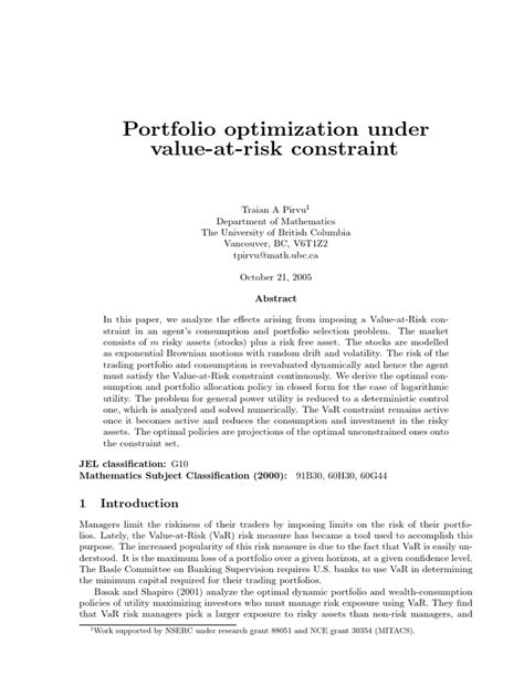 Portfolio Optimization Under Value At Risk Constraint Pdf Value At