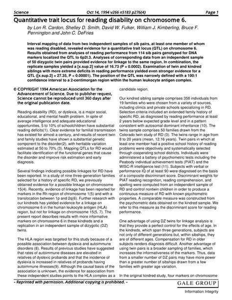 Pdf Quantitative Trait Locus For Reading Disability On Chromosome 6