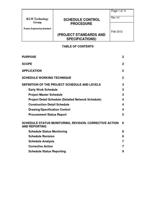 Project Standard And Specifications Schedule Control Procedure Rev01