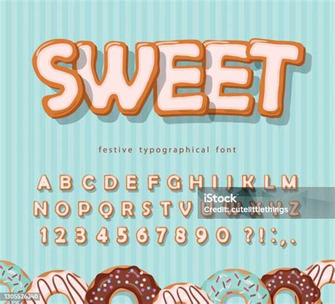 달콤한 쿠키 글꼴 만화 손 그린 알파벳 화려한 문자와 숫자를 유약 벡터 3차원 형태에 대한 스톡 벡터 아트 및 기타 이미지