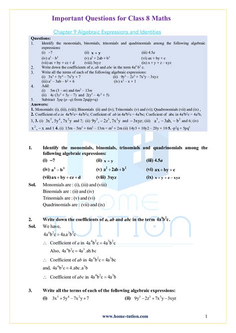 Important Questions For Cbse Class 8 Maths Chapter 9 Algebraic Expressions And Identities