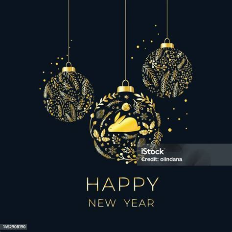 토끼 소나무 가지가 홀리 베리 식물 요소가 있는 황금 크리스마스 트리 장식이 있는 2023년 새 해 배너 어두운 검은 배경에 눈송이 0명에 대한 스톡 벡터 아트 및 기타