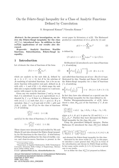Pdf On The Fekete Szego Inequality For A Class Of Analytic Functions Defined By Convolution