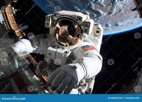 Astronauts Graceful Float In Zero Gravity Earths Curvature And Vastness Of Space Stock