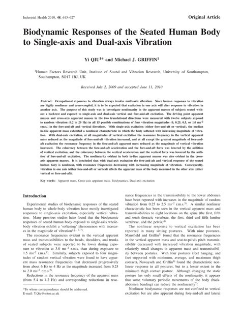 Pdf Biodynamic Responses Of The Seated Human Body To Single Axis And Dual Axis Vibration