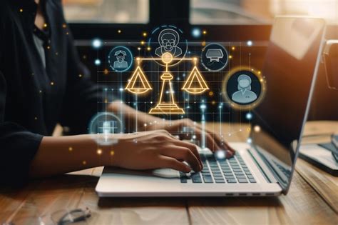 digital justice hands typing on laptop with scales of justice hologram