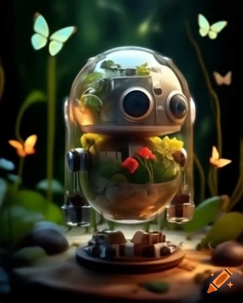 Solarpunk Biopunk Robot With Plants And Butterflies Hyper Realistic