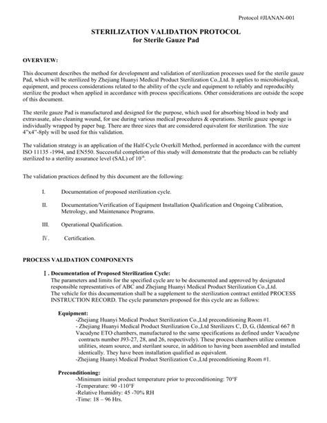 Sterile Gauze Pad Sterilization Validation Protocol