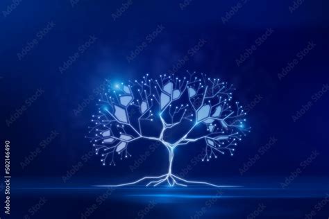Glowing Digital Polygonal Tree On Blue Background Network Technology