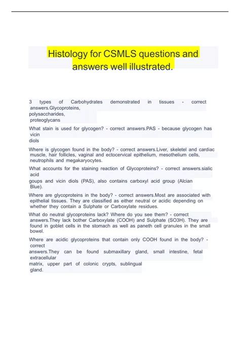 Histology For CSMLS Questions And Answers Well Illustrated Histology For CSMLS Stuvia US