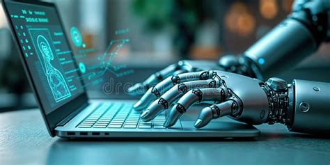 Robotic Hand Interacting With A Laptop Display Stock Illustration Illustration Of Typing