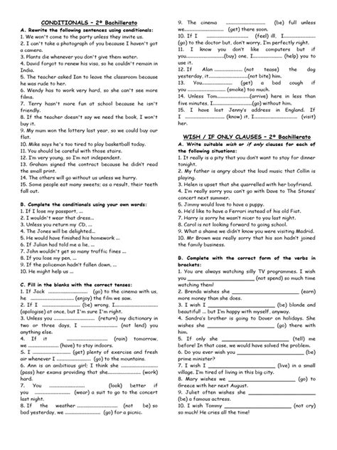 2º Bach Conditionals Wish And If Only Clauses With Key Pdf