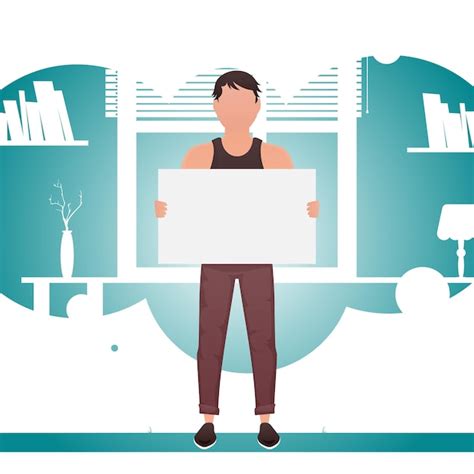 Парень крепкого телосложения в полный рост держит в руках пустой баннер Место для вашей рекламы