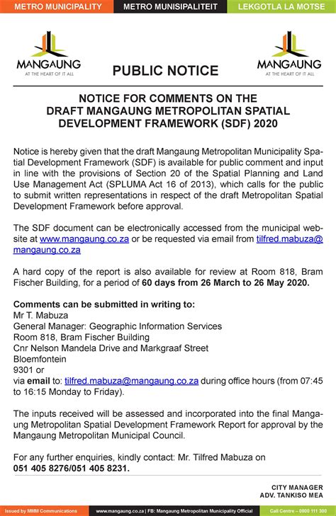 Spatial Development Framework Sdf 2020 Mangaung Metropolitan Municipality
