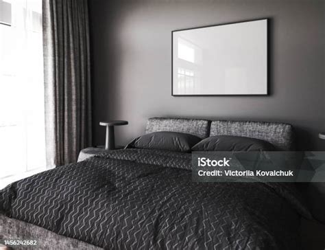 어두운 로프트 장식 침실 인테리어 디자인의 프레임 모형 검은 침구가 있는 침대 벽에 미니멀한 그림 예술 3d 렌더링 고품질 3d 그림 벽에 대한 스톡 사진 및 기타 이미지