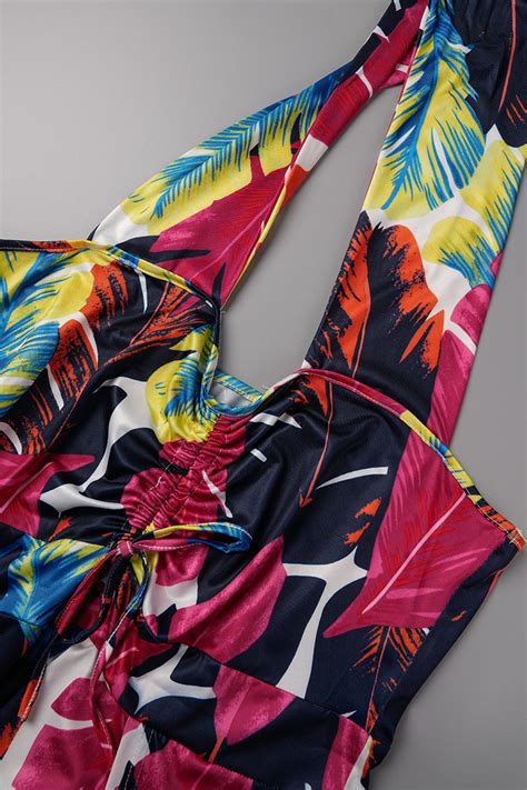 Wholesale Red Sexy Print Hollowed Out Backless Slit Halter Plus Size