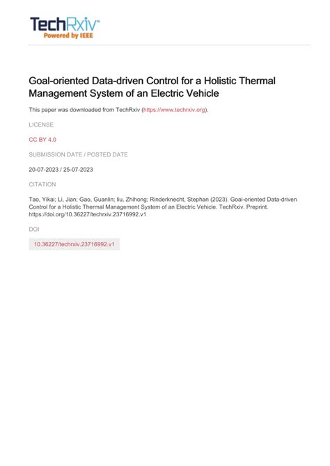 PDF Goal Oriented Data Driven Control For A Holistic Thermal Management System Of An Electric