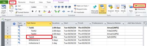 how to add a milestone and a summary task in ms project