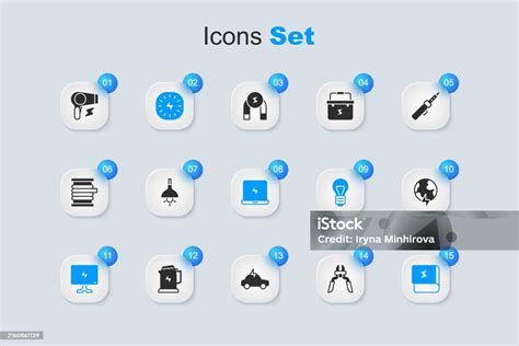 펜치 도구 램프 매달기 번개 볼트 스마트 Tv 전기에 관한 책 번개가 치는 글로벌 행성 헤어 드라이어 및 노트북 아이콘을 설정합니다 벡터 갈고리 발톱에 대한 스톡 벡터 아트