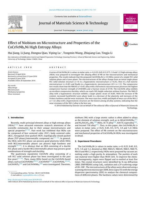 Pdf Effect Of Niobium Addition On Microstructure And Properties Of The Cocrfenbxni High