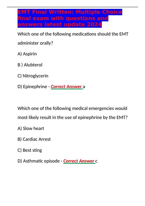 EMT Final Written Multiple Choice Final Exam With Questions And Answers Latest Update 2024