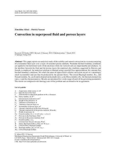 Pdf Convection In Superposed Fluid And Porous Layers