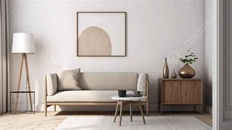 베이지색 가구와 예술 작품이 있는 아늑한 거실 소파 나무 테이블 흰색 벽과 최소한의 거실 인테리어 디자인에 3d 포스터 프레임 모형 고화질 사진 사진 인테리어 모형