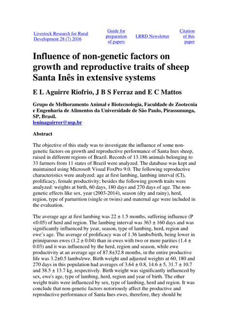 Pdf Influence Of Non Genetic Factors On Growth And Reproductive Traits Of Sheep Santa Inês In