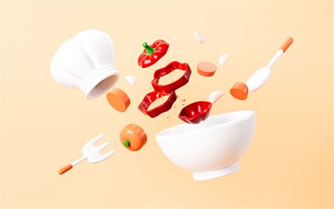 만화 요리사 모자 포크 숟가락 그릇 및 튀는 빨간 고추 노란색 배경에 다진 당근 3d 렌더링 3차원 형태에 대한 스톡 사진 및 기타 이미지 Istock