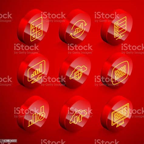 라인 계산기 파이 차트 인포 그래픽 서버 클라우드 및 방패 바이너리 코드 재무 성장 및 다운로드 업로드 아이콘을 설정합니다 벡터 3차원 형태에 대한 스톡 벡터 아트 및 기타