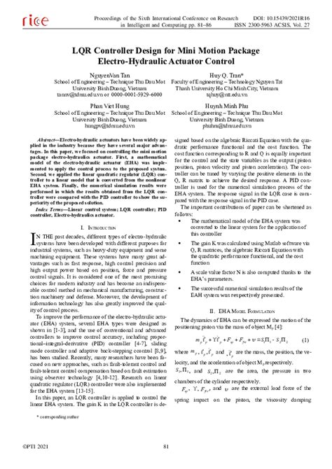 Pdf Lqr Control For Mini Electro Hydraulic Actuators