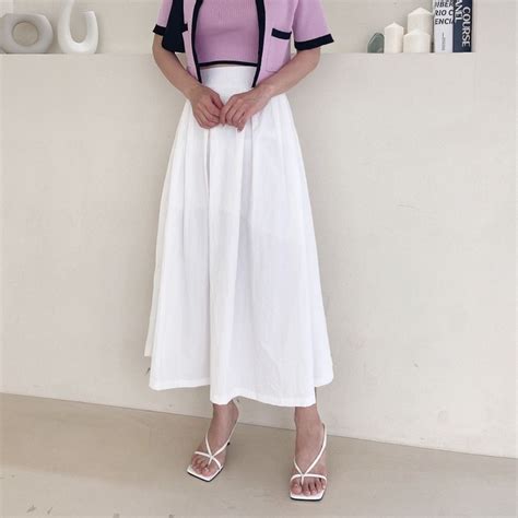 바스락 프라다원단 아노락 흰치마 흰색 화이트 플레어 핀턱 밴딩 여름 롱 스커트 치마